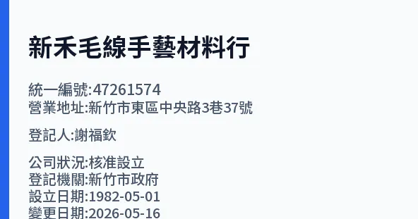 新禾毛線手藝材料行的照片-統編 47261574(新竹市) 公司登記資料與營業項目詳細圖表