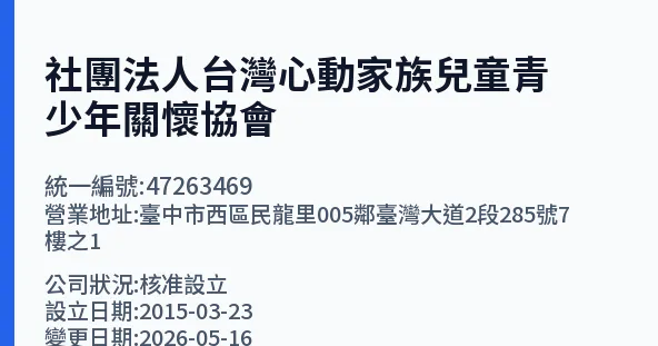 社團法人台灣心動家族兒童青少年關懷協會的照片-統編 47263469(臺中市) 公司登記資料與營業項目詳細圖表