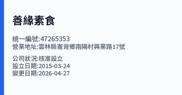 善緣素食的照片-統編 47265353(雲林縣) 公司登記資料與營業項目詳細圖表