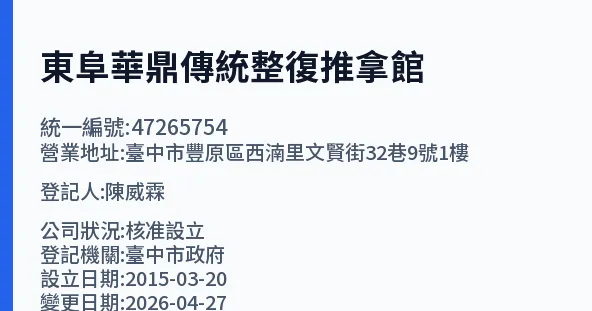 東阜華鼎傳統整復推拿館的照片-統編 47265754(臺中市) 公司登記資料與營業項目詳細圖表