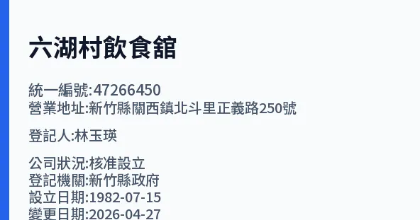 六湖村飲食舘的照片-統編 47266450(新竹縣) 公司登記資料與營業項目詳細圖表