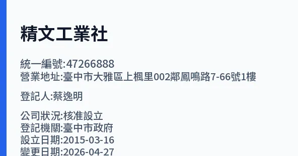 精文工業社的照片-統編 47266888(臺中市) 公司登記資料與營業項目詳細圖表
