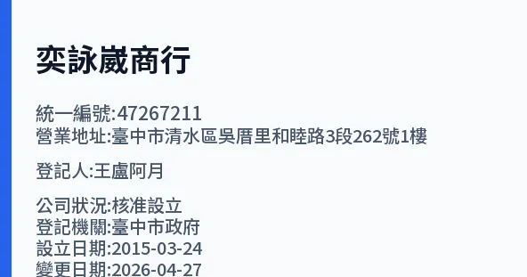 奕詠崴商行的照片-統編 47267211(臺中市) 公司登記資料與營業項目詳細圖表