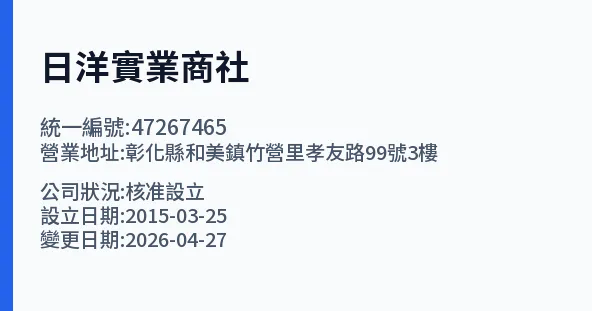 日洋實業商社的照片-統編 47267465(彰化縣) 公司登記資料與營業項目詳細圖表