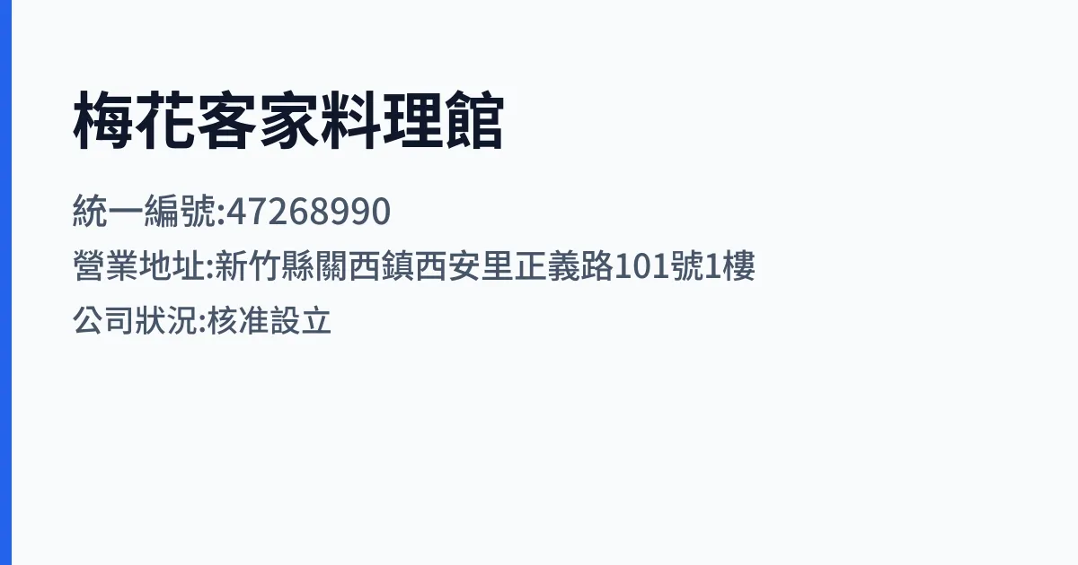 梅花客家料理館 - 統編 47268990(新竹縣) 公司登記資料與營業項目詳細圖表