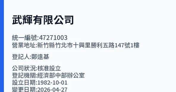 武輝有限公司的照片-統編 47271003(新竹縣) 公司登記資料與營業項目詳細圖表