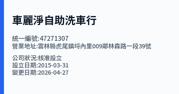 車麗淨自助洗車行的照片-統編 47271307(雲林縣) 公司登記資料與營業項目詳細圖表