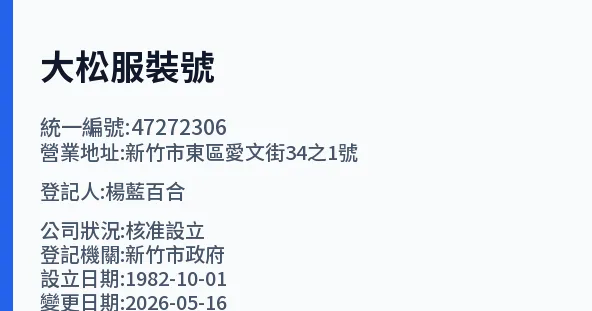 大松服裝號的照片-統編 47272306(新竹市) 公司登記資料與營業項目詳細圖表