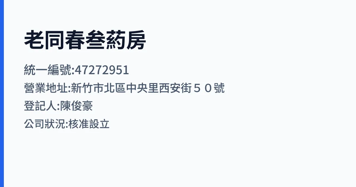老同春叁葯房 - 統編 47272951(新竹市) 公司登記資料與營業項目詳細圖表
