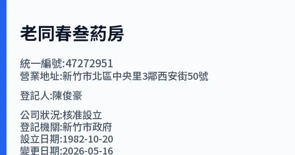 老同春叁葯房的照片-統編 47272951(新竹市) 公司登記資料與營業項目詳細圖表
