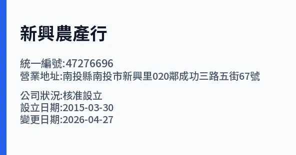 新興農產行的照片-統編 47276696(南投縣) 公司登記資料與營業項目詳細圖表