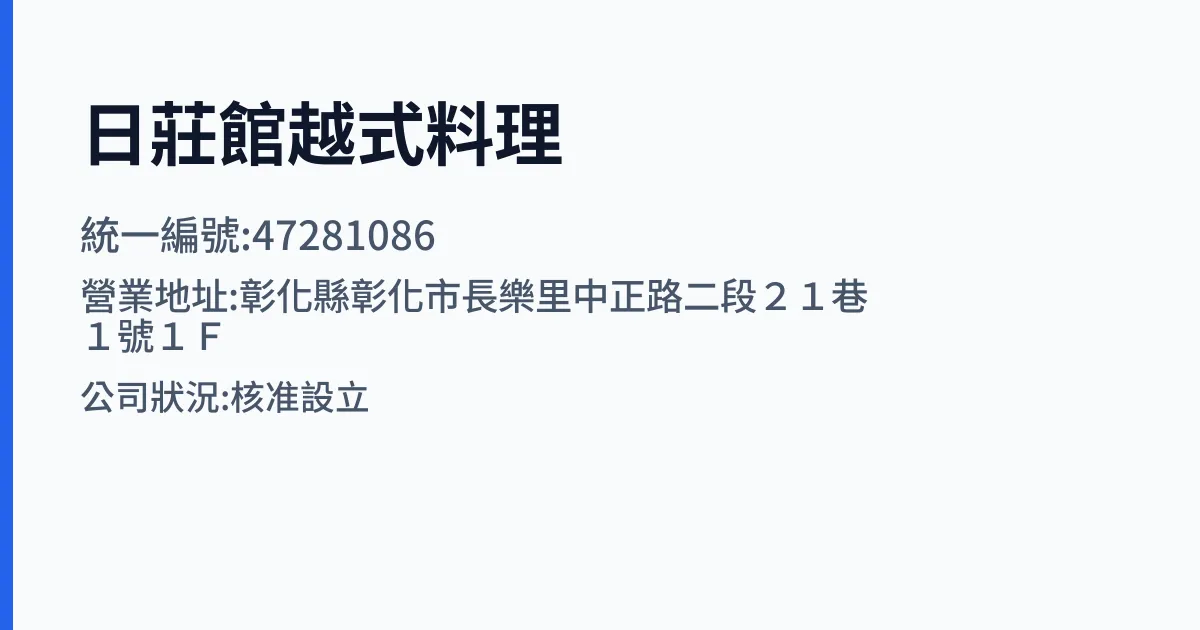 日莊館越式料理 - 統編 47281086(彰化縣) 公司登記資料與營業項目詳細圖表