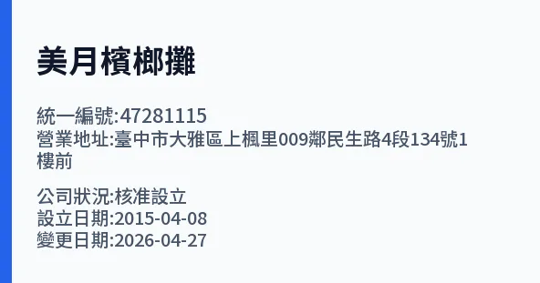 美月檳榔攤的照片-統編 47281115(臺中市) 公司登記資料與營業項目詳細圖表
