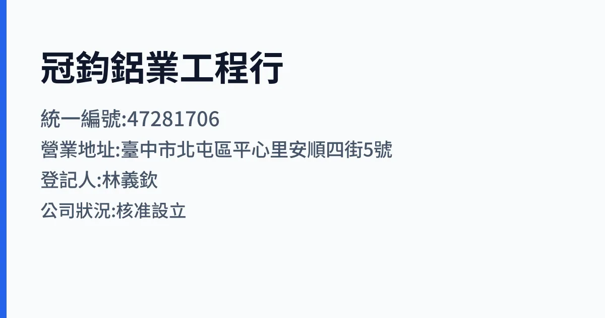 冠鈞鋁業工程行 - 統編 47281706(臺中市) 公司登記資料與營業項目詳細圖表