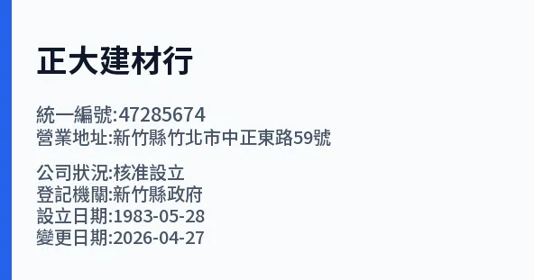 正大建材行的照片-統編 47285674(新竹縣) 公司登記資料與營業項目詳細圖表