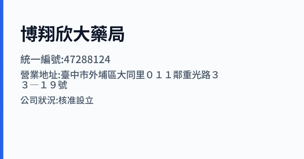 博翔欣大藥局 - 統編 47288124(臺中市) 公司登記資料與營業項目詳細圖表