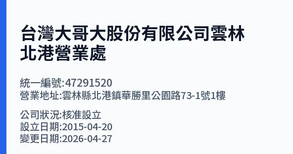 台灣大哥大股份有限公司雲林北港營業處的照片-統編 47291520(雲林縣) 公司登記資料與營業項目詳細圖表