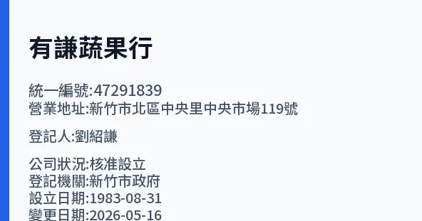 有謙蔬果行的照片-統編 47291839(新竹市) 公司登記資料與營業項目詳細圖表