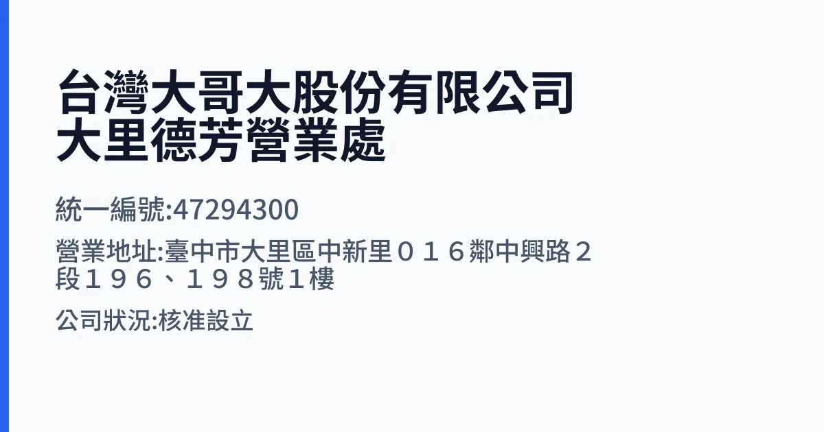 台灣大哥大股份有限公司大里德芳營業處 - 統編 47294300(臺中市) 公司登記資料與營業項目詳細圖表