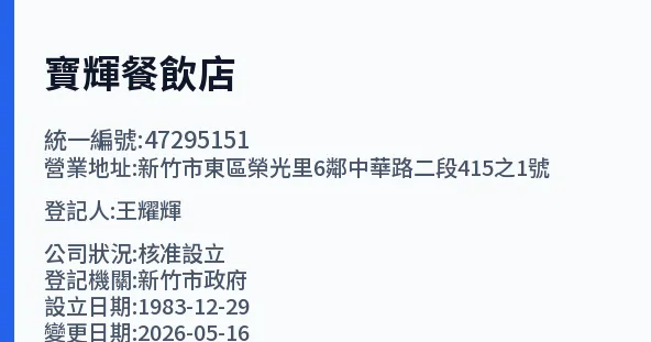 寶輝餐飲店的照片-統編 47295151(新竹市) 公司登記資料與營業項目詳細圖表