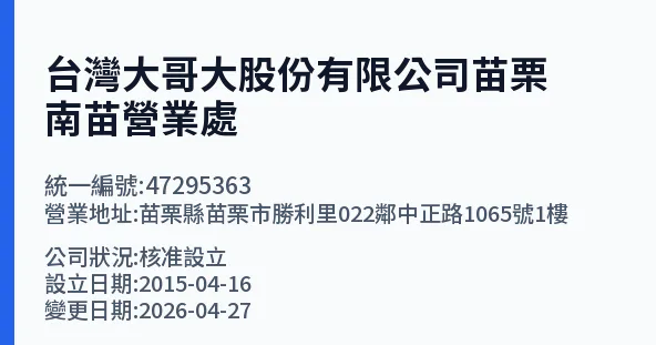台灣大哥大股份有限公司苗栗南苗營業處的照片-統編 47295363(苗栗縣) 公司登記資料與營業項目詳細圖表