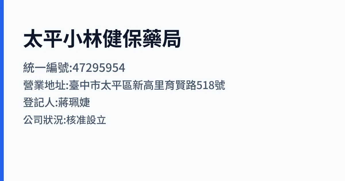 太平小林健保藥局 - 統編 47295954(臺中市) 公司登記資料與營業項目詳細圖表