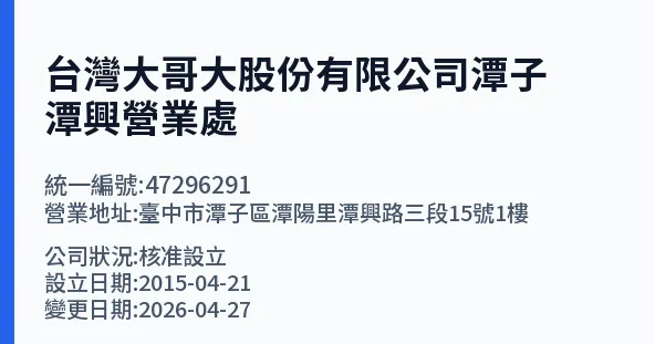 台灣大哥大股份有限公司潭子潭興營業處的照片-統編 47296291(臺中市) 公司登記資料與營業項目詳細圖表