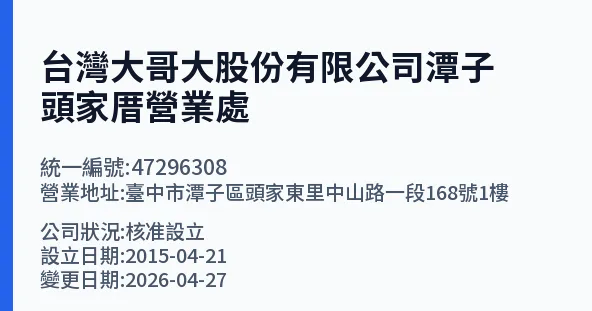 台灣大哥大股份有限公司潭子頭家厝營業處的照片-統編 47296308(臺中市) 公司登記資料與營業項目詳細圖表
