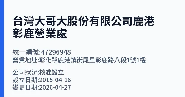 台灣大哥大股份有限公司鹿港彰鹿營業處的照片-統編 47296948(彰化縣) 公司登記資料與營業項目詳細圖表