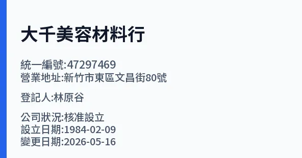 大千美容材料行的照片-統編 47297469(新竹市) 公司登記資料與營業項目詳細圖表