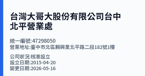 台灣大哥大股份有限公司台中北平營業處的照片-統編 47298050(臺中市) 公司登記資料與營業項目詳細圖表