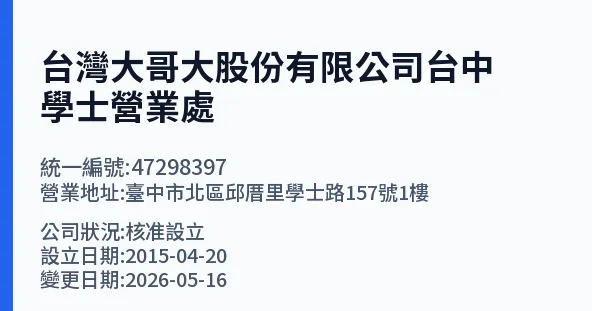 台灣大哥大股份有限公司台中學士營業處的照片-統編 47298397(臺中市) 公司登記資料與營業項目詳細圖表