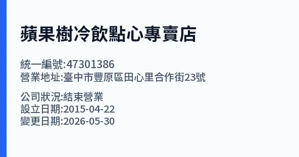 蘋果樹冷飲點心專賣店的照片-統編 47301386(臺中市) 公司登記資料與營業項目詳細圖表
