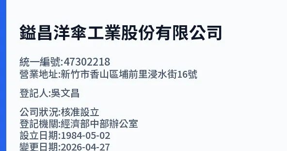 鎰昌洋傘工業股份有限公司的照片-統編 47302218(新竹市) 公司登記資料與營業項目詳細圖表