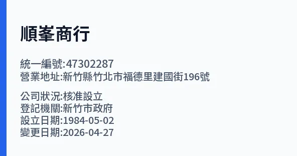 順峯商行的照片-統編 47302287(新竹縣) 公司登記資料與營業項目詳細圖表
