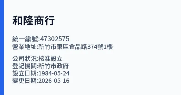 和隆商行的照片-統編 47302575(新竹市) 公司登記資料與營業項目詳細圖表