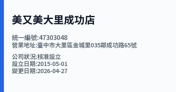 美又美大里成功店的照片-統編 47303048(臺中市) 公司登記資料與營業項目詳細圖表