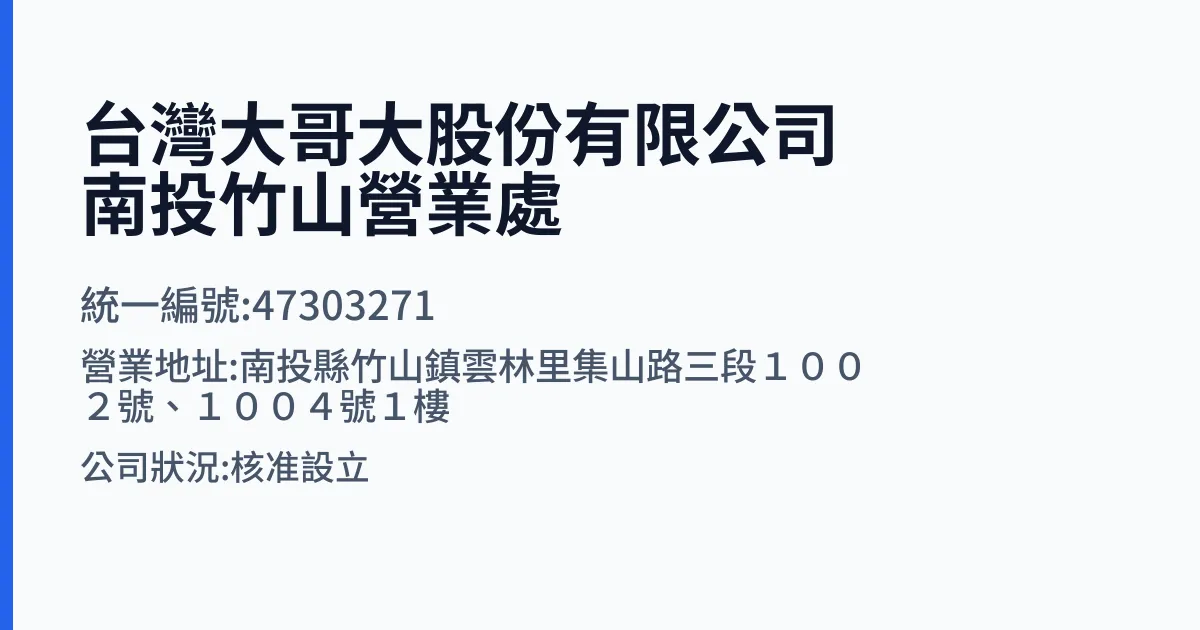 台灣大哥大股份有限公司南投竹山營業處 - 統編 47303271(南投縣) 公司登記資料與營業項目詳細圖表