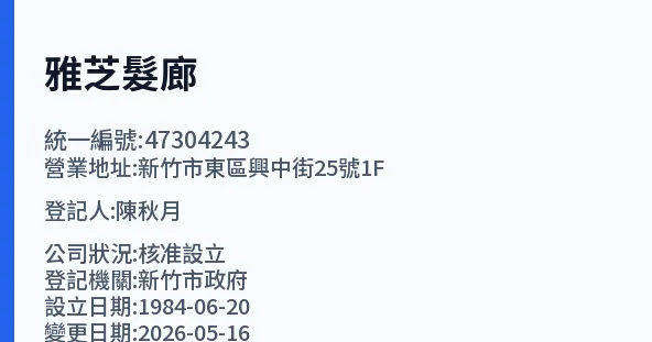雅芝髮廊的照片-統編 47304243(新竹市) 公司登記資料與營業項目詳細圖表