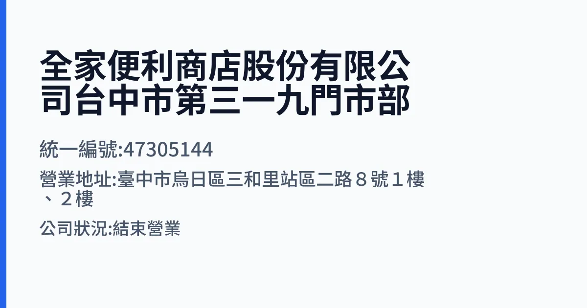 全家便利商店股份有限公司台中市第三一九門市部 - 統編 47305144(臺中市) 公司登記資料與營業項目詳細圖表