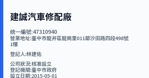 建誠汽車修配廠的照片-統編 47310940(臺中市) 公司登記資料與營業項目詳細圖表