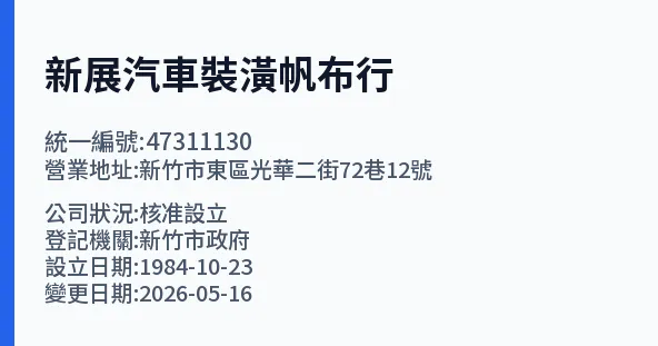 新展汽車裝潢帆布行的照片-統編 47311130(新竹市) 公司登記資料與營業項目詳細圖表