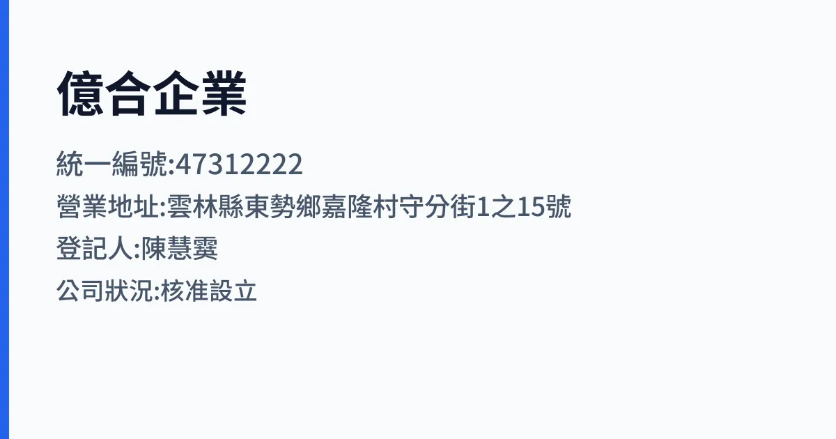 億合企業 - 統編 47312222(雲林縣) 公司登記資料與營業項目詳細圖表