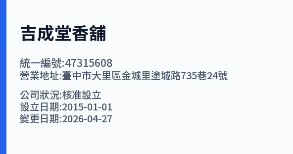 吉成堂香舖的照片-統編 47315608(臺中市) 公司登記資料與營業項目詳細圖表