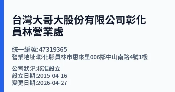 台灣大哥大股份有限公司彰化員林營業處的照片-統編 47319365(彰化縣) 公司登記資料與營業項目詳細圖表