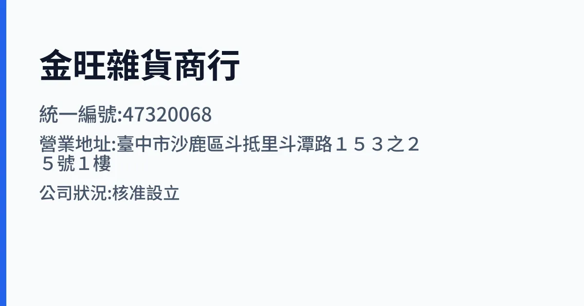 金旺雜貨商行 - 統編 47320068(臺中市) 公司登記資料與營業項目詳細圖表