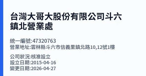 台灣大哥大股份有限公司斗六鎮北營業處的照片-統編 47320763(雲林縣) 公司登記資料與營業項目詳細圖表
