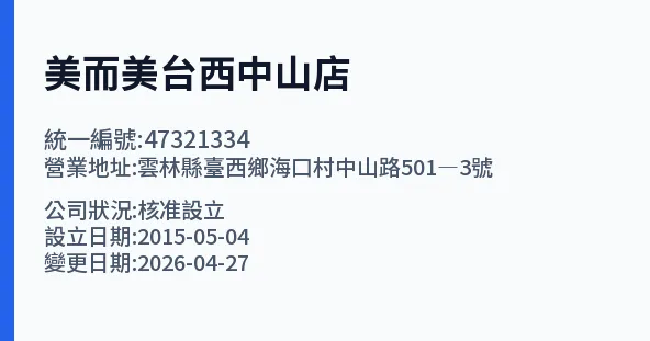 美而美台西中山店的照片-統編 47321334(雲林縣) 公司登記資料與營業項目詳細圖表