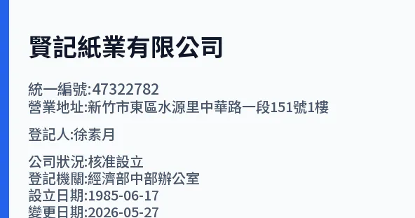 賢記紙業有限公司的照片-統編 47322782(新竹市) 公司登記資料與營業項目詳細圖表