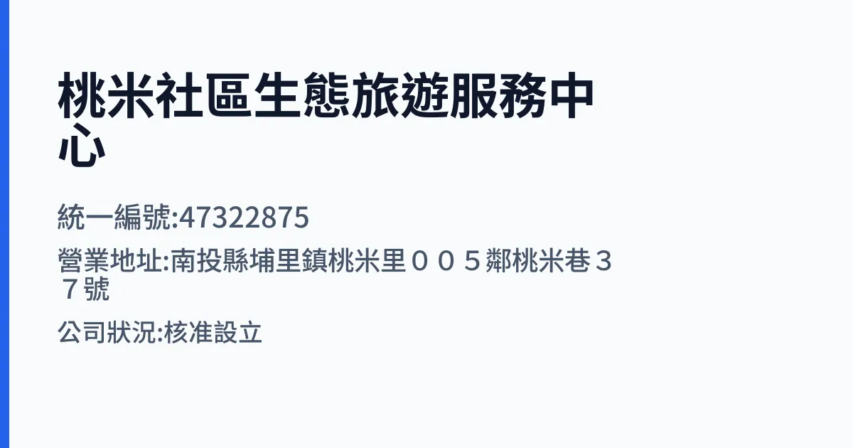 桃米社區生態旅遊服務中心 - 統編 47322875(南投縣) 公司登記資料與營業項目詳細圖表